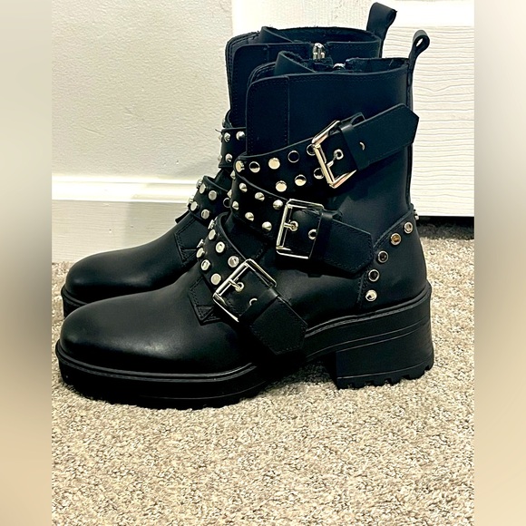 Zara | Shoes | Zara Womens Leather Studded Rider Boots Size 4 Us1 Side ...